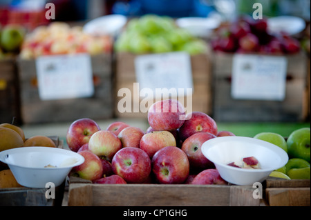 Pile of fresh green and red apples placed in metal baskets Stock Photo ...