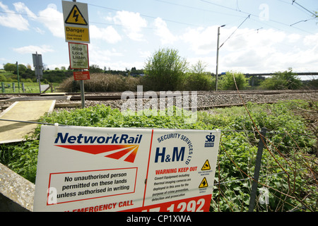 Warning signs on Network Rail railway line near Barnes Bridge station ...