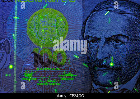 Banknote under ultraviolet light showing security features invisible in ...