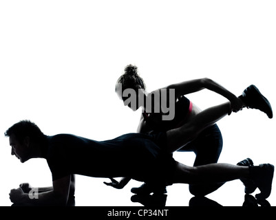 one couple man woman exercising workout aerobic fitness posture full ...