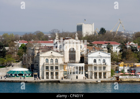 Ukraine - Crimea - Sevastopol. Buildings on the waterfront at the end ...