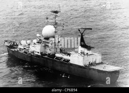 An aerial port quarter view of the Soviet modified Kildin class ...