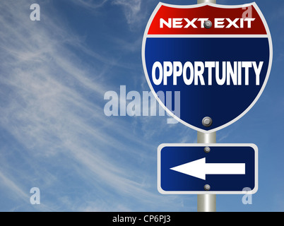 Opportunity next exit, road sign, green highway direction. 3D rendering ...