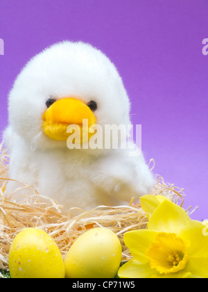 Toy chick in a nest with Easter eggs and blossom Stock Photo - Alamy