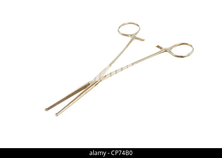 Surgical instrument (straight Kocher hemostat) held by surgeons hand ...