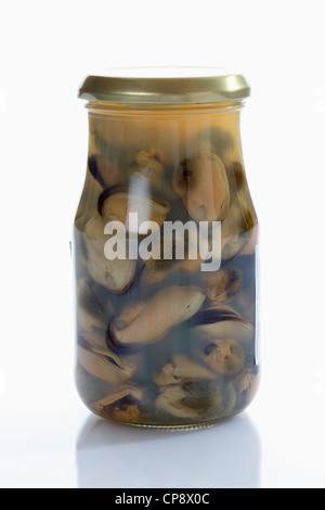 Preserved mussels in glass jar on white background Stock Photo - Alamy