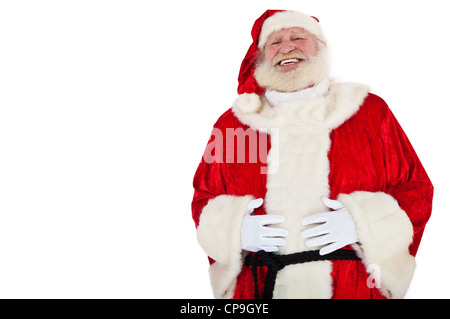 Santa Claus holding his big belly, full body, isolated on white ...