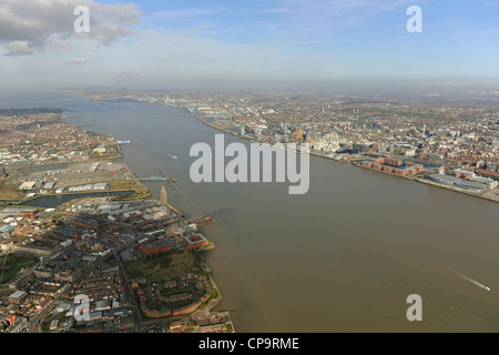 aerial view of Liverpool and the Mersey River Estuary towards Stock ...