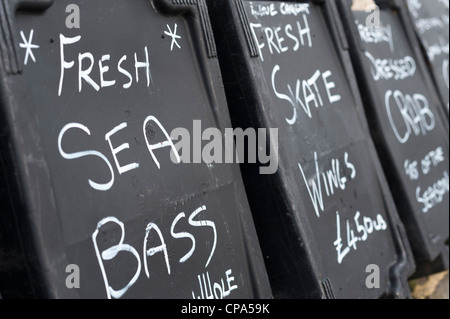 Fish for sale signs on blackboards at Aldeburgh Suffolk UK Stock Photo ...