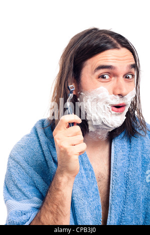 The man has a shave isolated on white background Stock Photo - Alamy