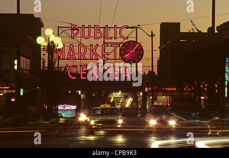 Retro Image, Sunset at the Pike Place Market with neon signs and clock ...