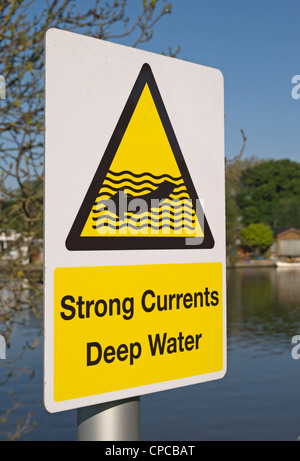 Warning sign for deep water and strong currents next to a lake in the ...