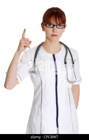 young doctor warning finger up isolated on white Stock Photo - Alamy