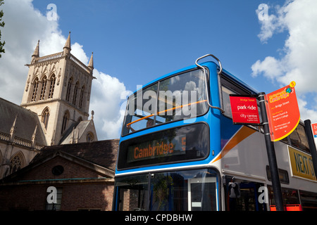 Double decker Cambridge Park & Ride bus & coach stop shelter at ...