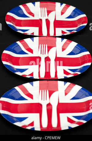 Union Jack Plate with Plastic Cutlery on black background Stock Photo ...