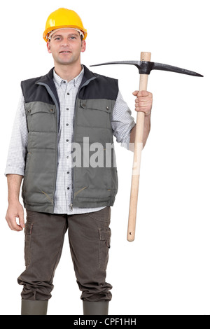 Construction worker holding pick-Axe Stock Photo - Alamy