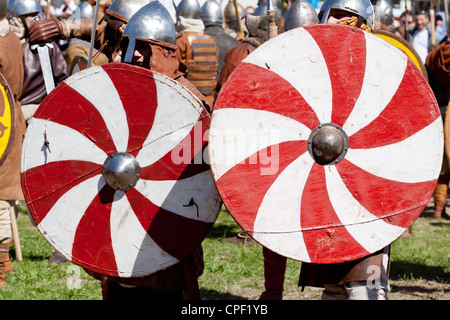 Battle of two medieval warriors fighting with swords and shields in the ...