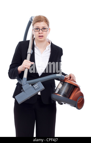 The businesswoman cleaning with vacuum cleaner on white Stock Photo - Alamy