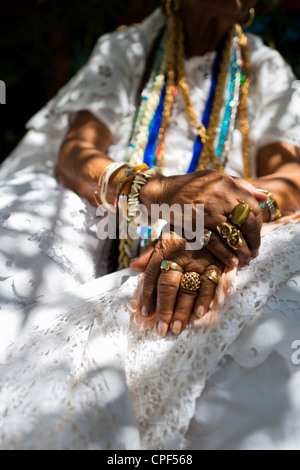 Hands of a priestess of Candomblé seen during the ritual ceremony in ...
