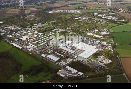 aerial view of Thorp Arch Estate from over the River Wharfe looking ...