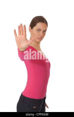 Stop halt gesture with palm front, hand raised as sign of refusal, no ...
