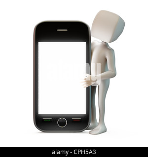 3D cartoon character Techy with a touchscreen smartphone Stock Photo ...