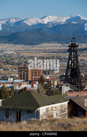 Downtown area, mine headframe , mountains, Butte, Montana, USA Stock ...