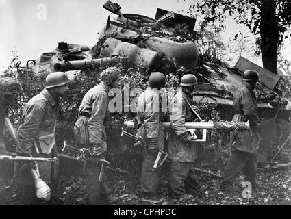 Wreckage of an American M4 Sherman tank, Normandy, 1944 (b/w photo ...
