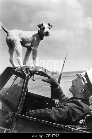 German pilot in the cockpit of a Messerschmitt Me 109 after returning ...