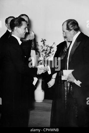 Reich Minister Joseph Goebbels (right) welcomes a delegation of the ...