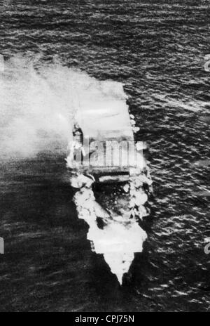 The burning Japanese aircraft carrier Hiryu, photographed by a Yokosuka ...