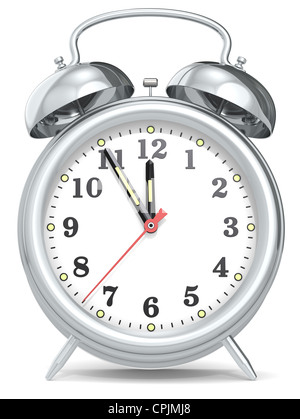 Retro alarm clock with twenty five minutes after one o'clock near brick ...