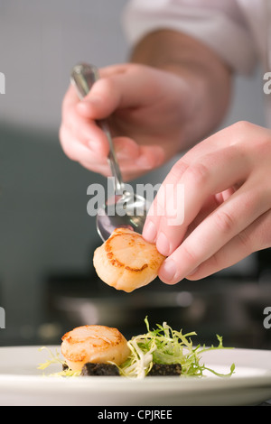 Chef plating scallop dish Stock Photo - Alamy