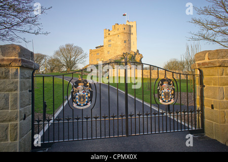 Coat of arms Roch Castle view from the gates, at sunset. Roch ...