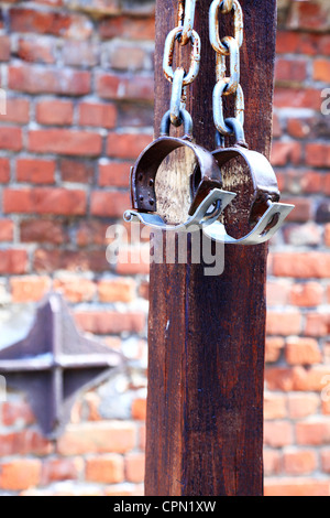 old fetters, manacles brick two old rusted iron rings on wall ...