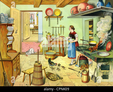 household, kitchen, cooky and maid at hearth, woodcut, 16th century ...