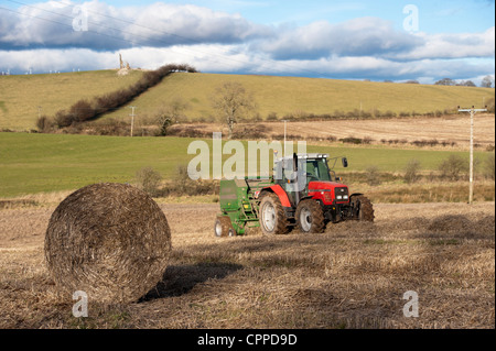 Baling straw with McHale round baler and Massey Ferguson tractor Stock ...
