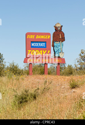 A fire danger sign with Smokey the Bear shows a danger level of low ...