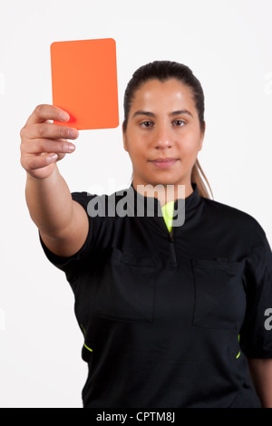 Young female referee showing the red card, isolated on white Stock ...