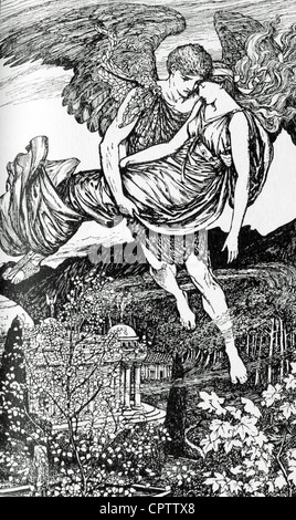 The wind god Zephyrus takes Psyche from the mountaintop where Cupid ...
