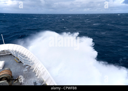 Waves crashing over bow of expedition ship, South Atlantic Ocean Stock ...