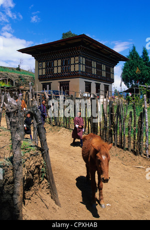 Bhutan, Punakha District, Talo, traditional wooden rammed earth house ...