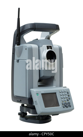 Geodetic measuring instrument total station isolated over white ...