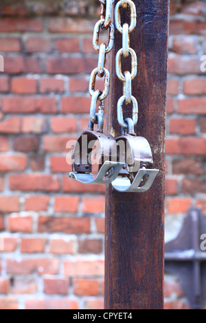 old fetters, manacles brick two old rusted iron rings on wall ...