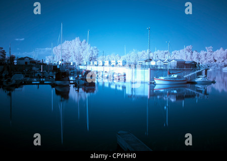 Boats in the small inland harbour of Lampaul, Ouessant Island ...