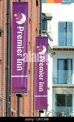 Premier Inn business sign and logo consisting of crescent moon and ...