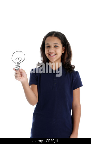 Idea! Smart kid student with lightbulb on blackboard Stock Photo - Alamy