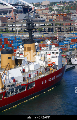 Coast guard boat in Puget Sound below downtown Seattle skyline Stock ...