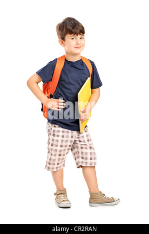 teen boy wear white casual shirt with retro photo camera isolated n ...