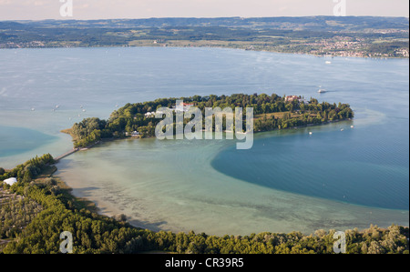 Aerial view, flower island of Mainau with its castle and pier, Lake ...
